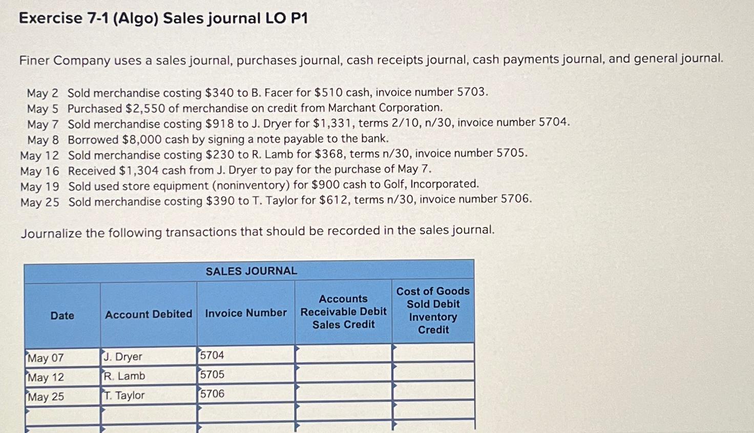 Solved Exercise 7-1 (Algo) ﻿Sales journal LO P1Finer Company | Chegg.com