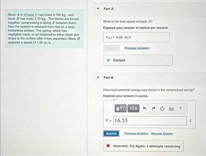 Solved Block A in (Eigure 1) has mass 0.700 kg, and block B | Chegg.com