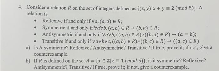 Solved 4. Consider a relation R on the set of integers | Chegg.com