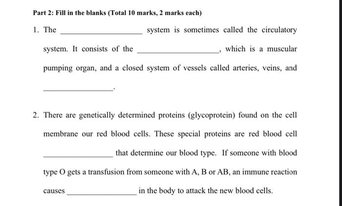 Solved Part 2: Fill in the blanks (Total 10 marks, 2 marks | Chegg.com