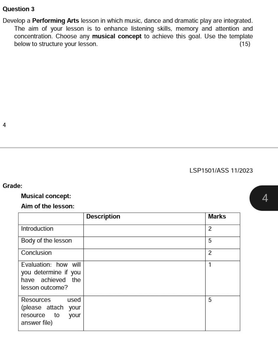 Develop a Performing Arts lesson in which music, | Chegg.com