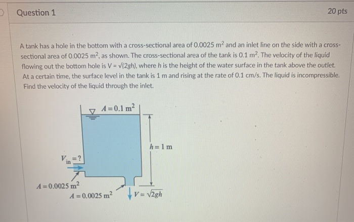Solved Question 1 20 pts A tank has a hole in the bottom | Chegg.com