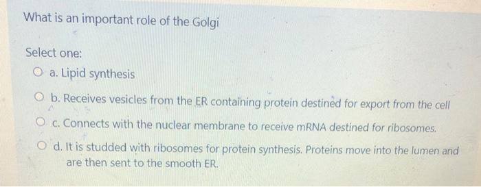 Solved What is an important role of the Golgi Select one: O | Chegg.com