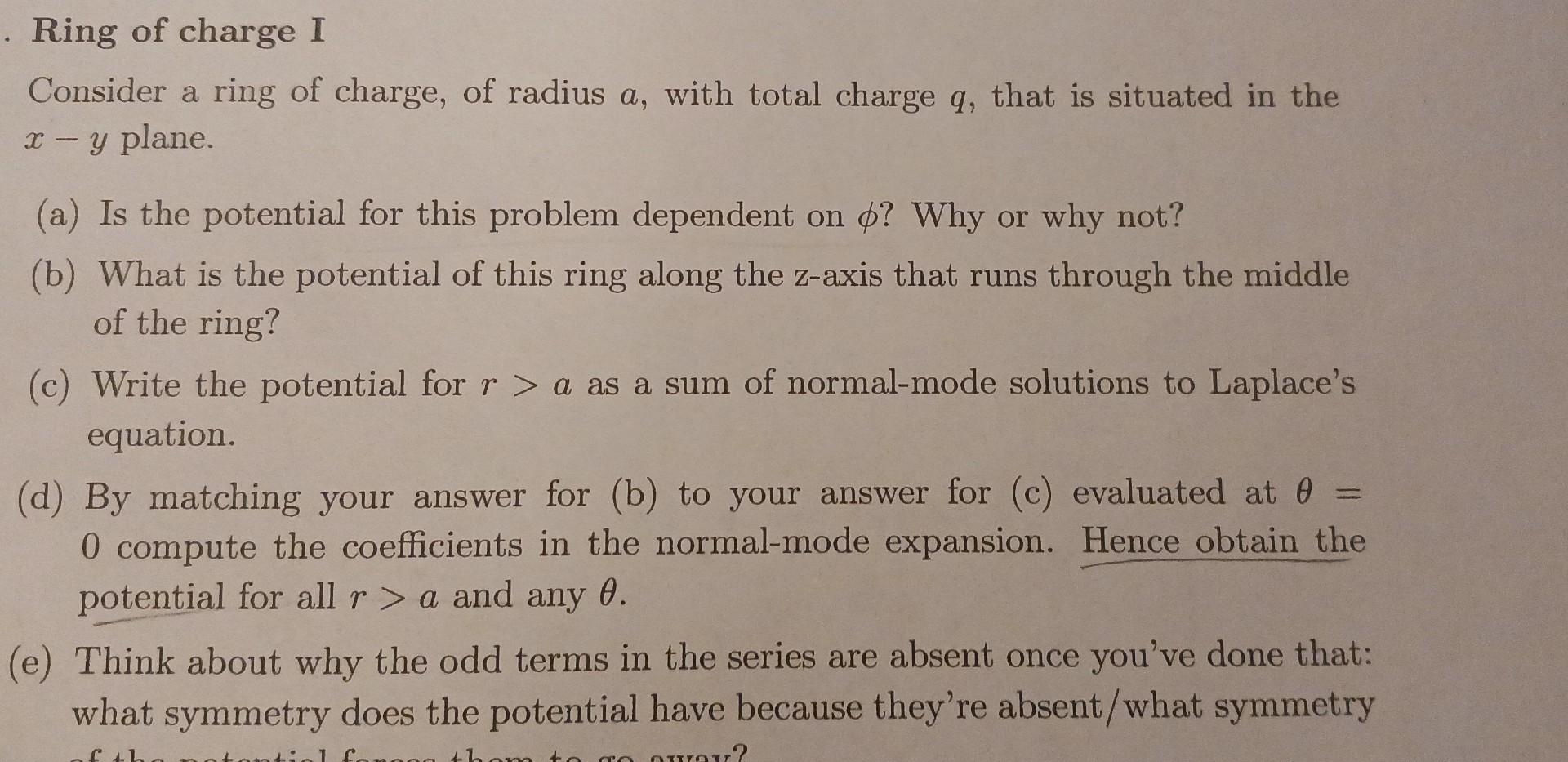 Solved Ring of charge I Consider a ring of charge, of radius | Chegg.com