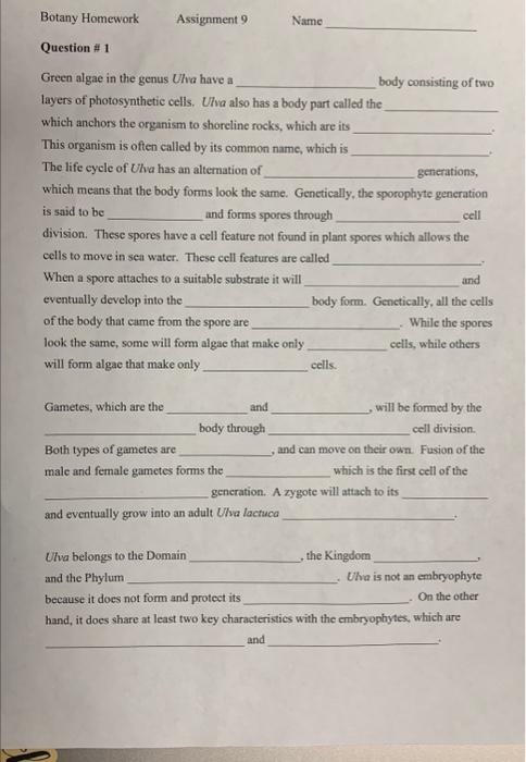 Solved Botany Homework Assignment 9 Name Question \# 1 Green | Chegg.com