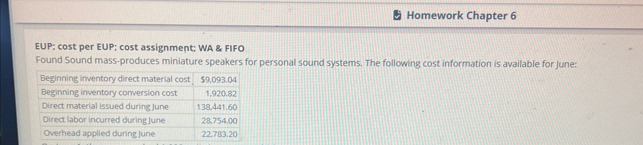 Solved Homework Chapter 6EUP; cost per EUP; cost assignment; | Chegg.com
