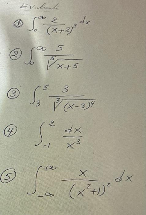 Solved (1) ∫0∞(x+2)32dx (2) ∫0∞5x+55 (3) ∫353(x−3)43 (4) | Chegg.com