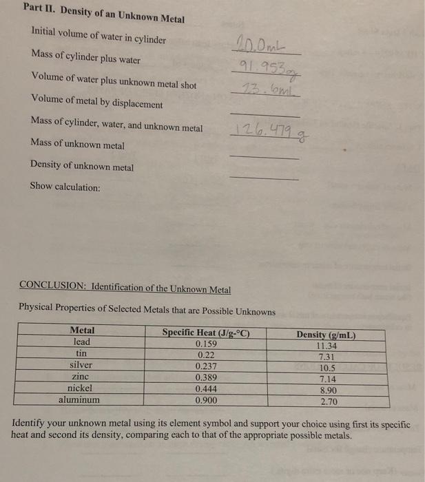 Solved Part II. Density of an Unknown Metal Initial volume | Chegg.com