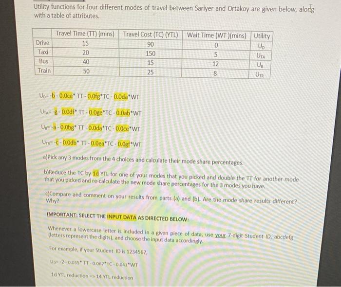 Utility functions for four different modes of travel | Chegg.com