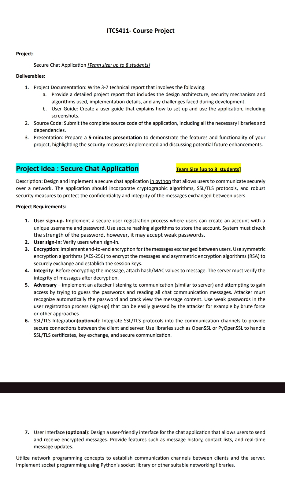 Solved ITCS411- ﻿Course ProjectProject:Secure Chat | Chegg.com