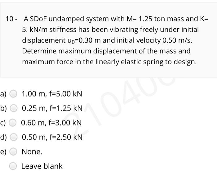 Solved 0 - A SDoF undamped system with M=1.25 ton mass and | Chegg.com