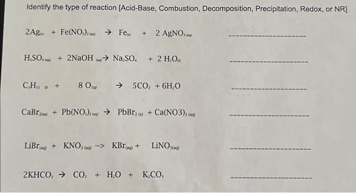 Solved Identify the type of reaction [Acid-Base, Combustion, | Chegg.com