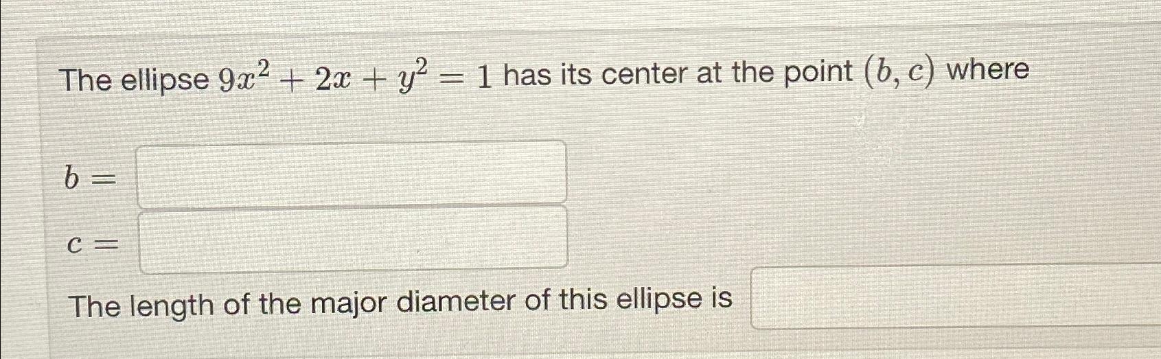 Solved The ellipse 9x2+2x+y2=1 ﻿has its center at the point | Chegg.com