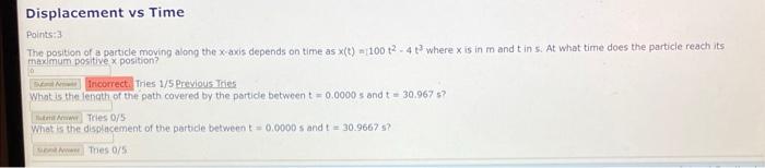 Solved Displacement vs Time Polnts:3 The position of a | Chegg.com