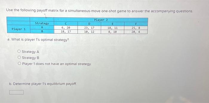 Solved Use the following payoff matrix for a | Chegg.com