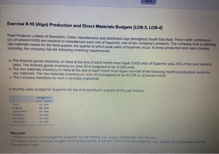 Solved SVO Exercise 8-10 (Algo) Production and Direct | Chegg.com