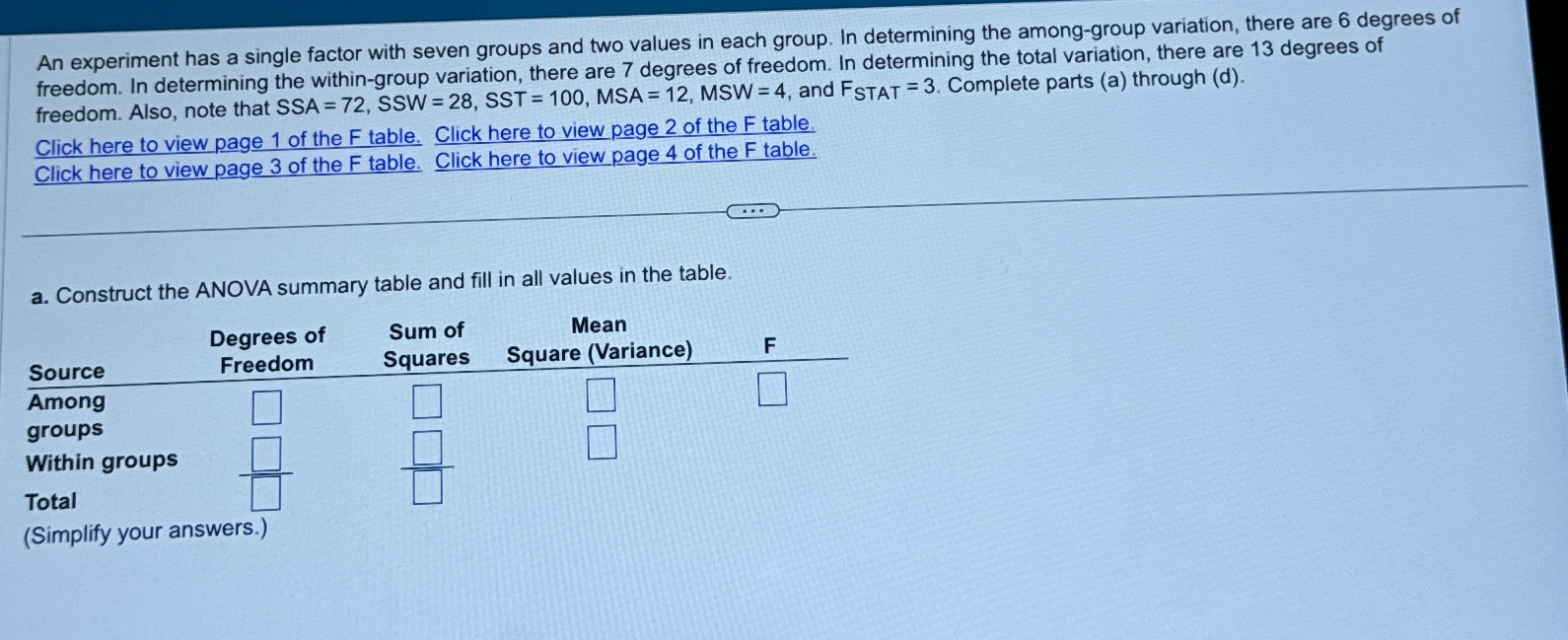 Solved An experiment has a single factor with seven groups | Chegg.com