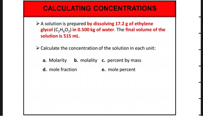 Solved CALCULATING CONCENTRATIONS A solution is prepared by | Chegg.com