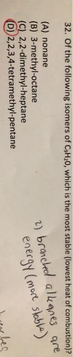 Solved 32. Of the following isomers of C9H20, which is the | Chegg.com