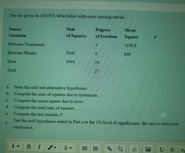 Solved You are given an ANOVA table below with some missing | Chegg.com