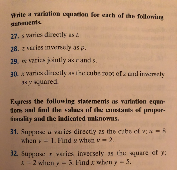 Solved Write A Variation Equation For Each Of The Following