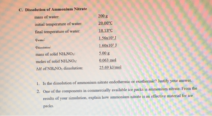Solved 200 g C. Dissolution of Ammonium Nitrate mass of | Chegg.com