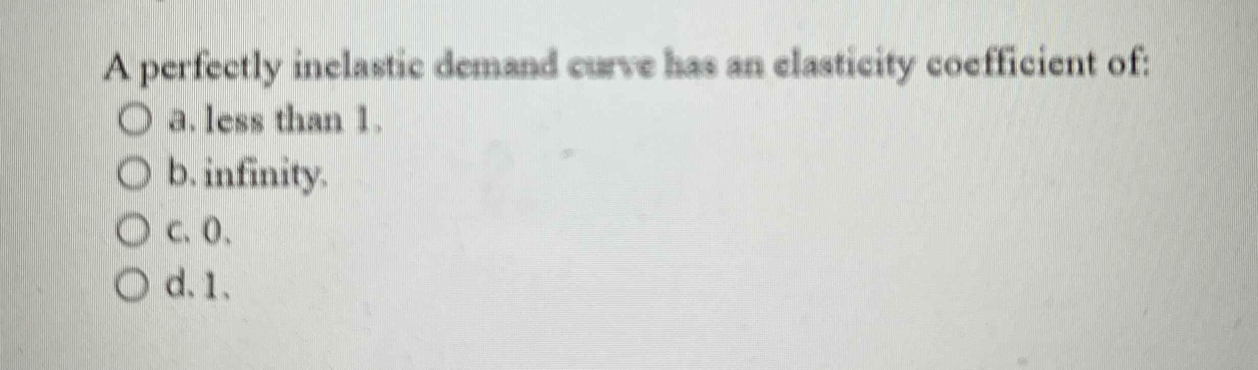 Solved A perfectly inclastic demand curve has an clasticity | Chegg.com
