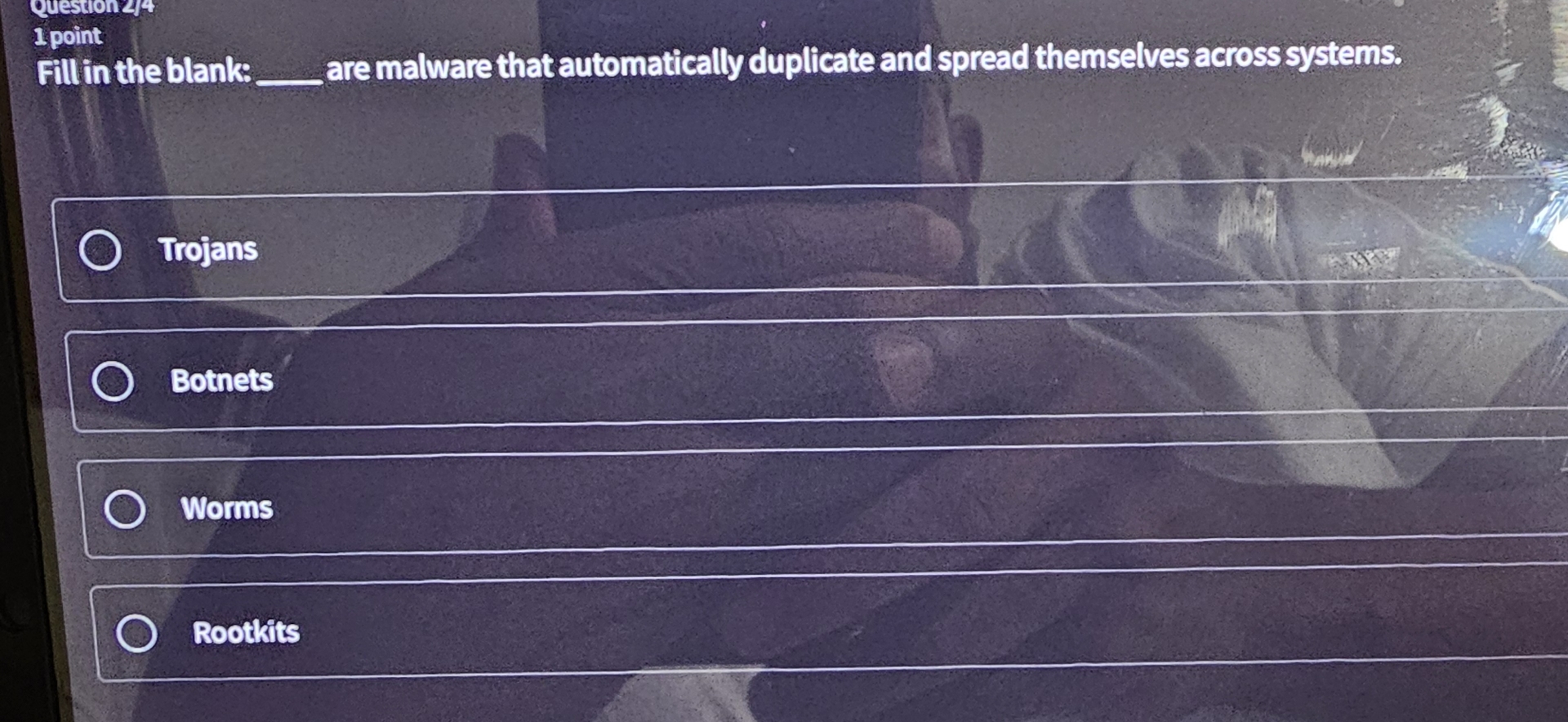 Solved 1 ﻿point Fillin the blank: q, ﻿are malware that | Chegg.com