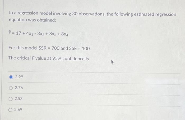 In a regression model involving 30 observations, the | Chegg.com