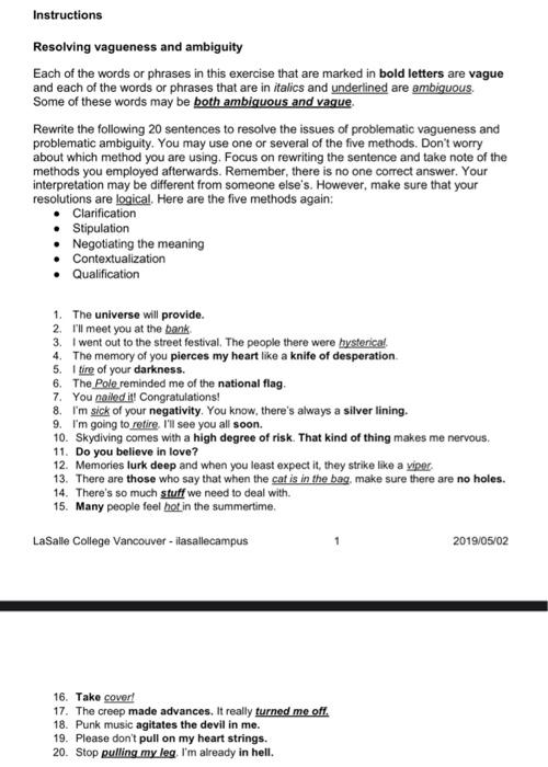 Instructions Resolving vagueness and ambiguity Each | Chegg.com