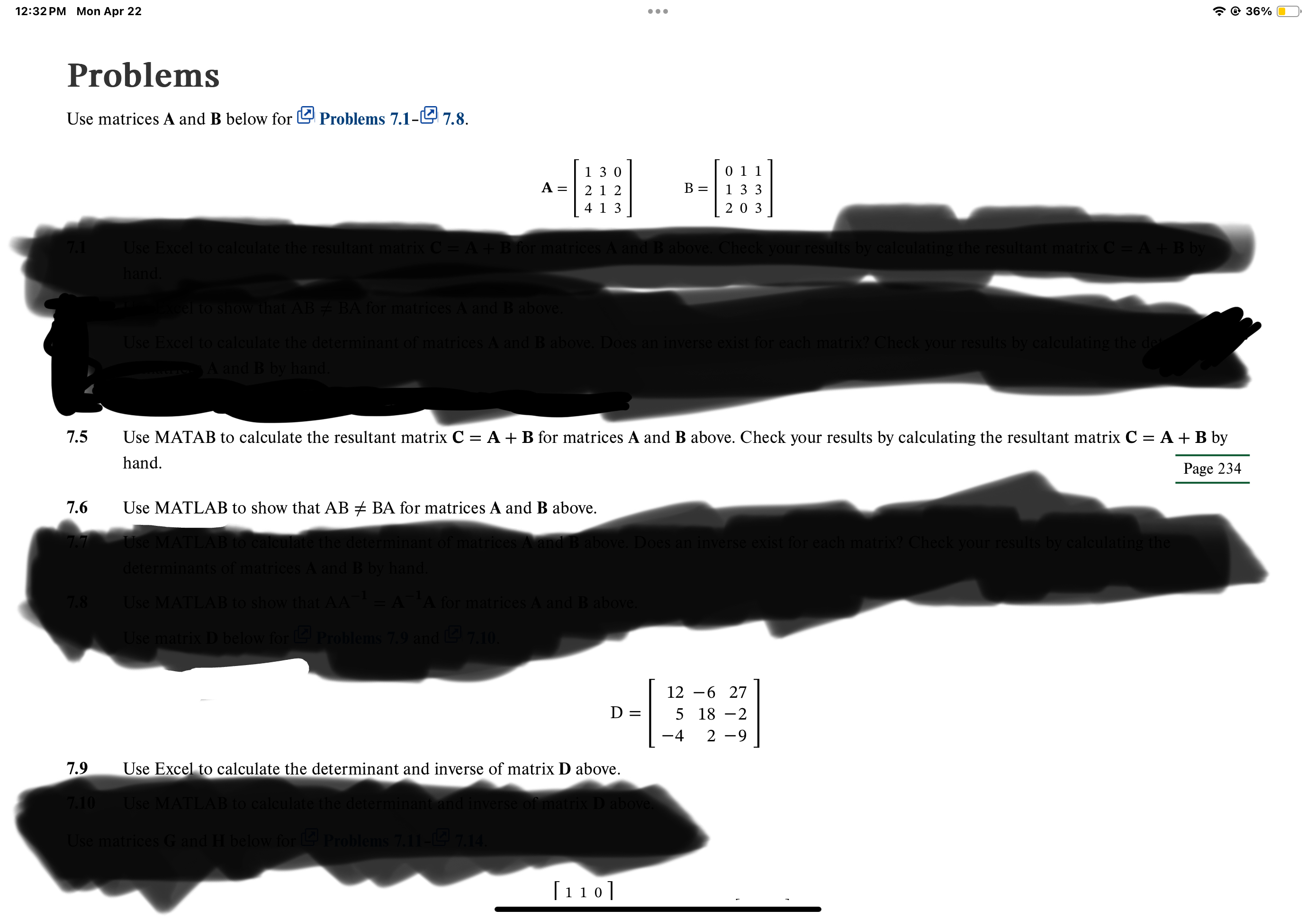 Solved 12:32 ﻿PM Mon Apr 2236%ProblemsUse matrices A and B | Chegg.com