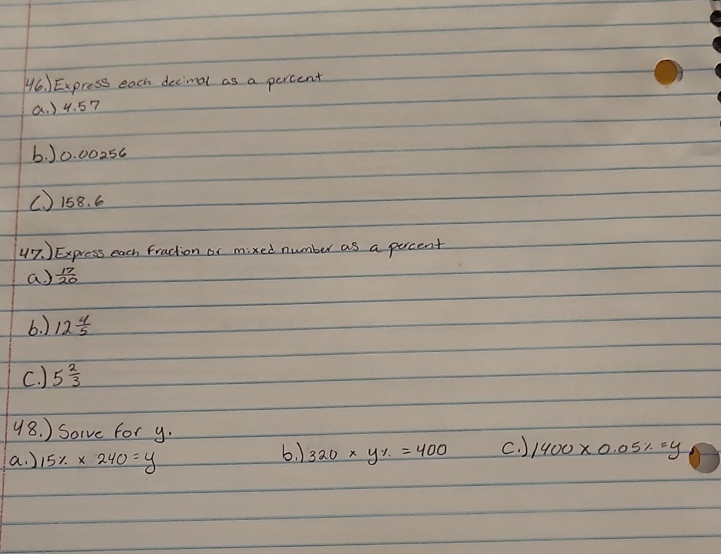 Solved 240=y b.) 320×y%=400 c.) 1400×0.05%=y | Chegg.com