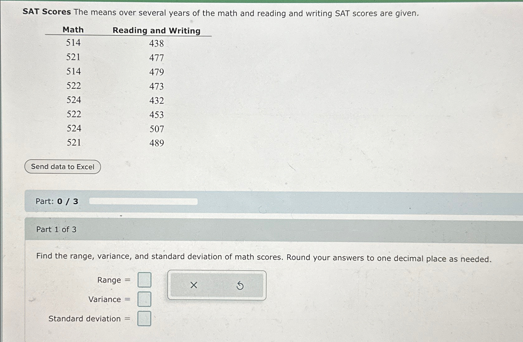 Solved SAT Scores The means over several years of the math | Chegg.com
