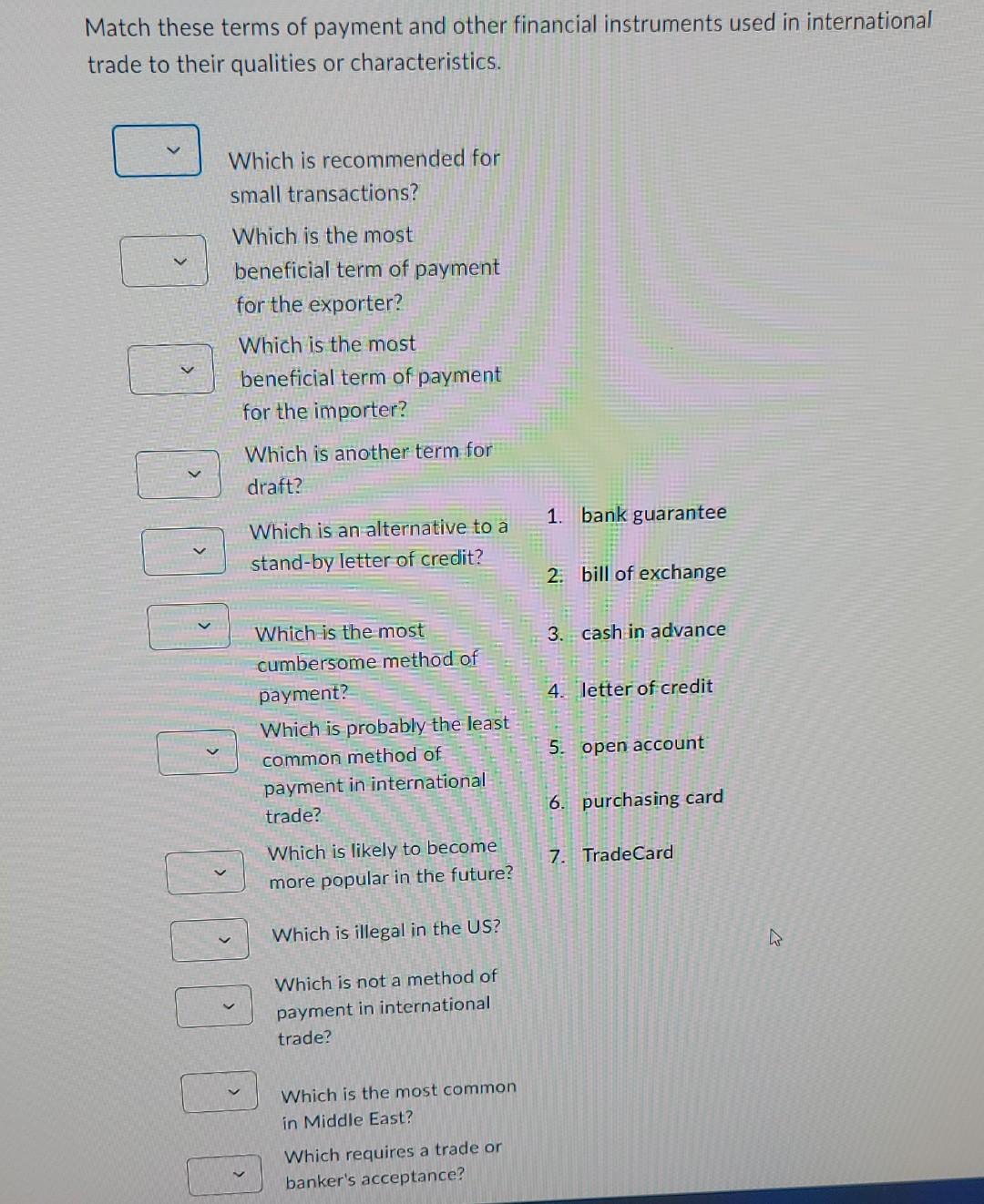 Solved Match these terms of payment and other financial | Chegg.com