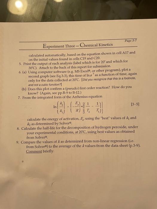 Page 3-7 Experiment Three - Chemical Kinetics | Chegg.com