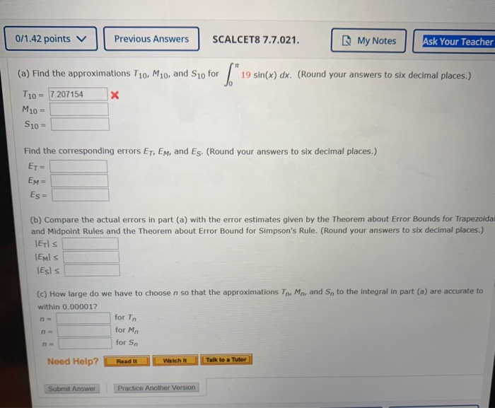 Solved 0/1.42 points Previous Answers SCALCET8 7.7.021. My | Chegg.com