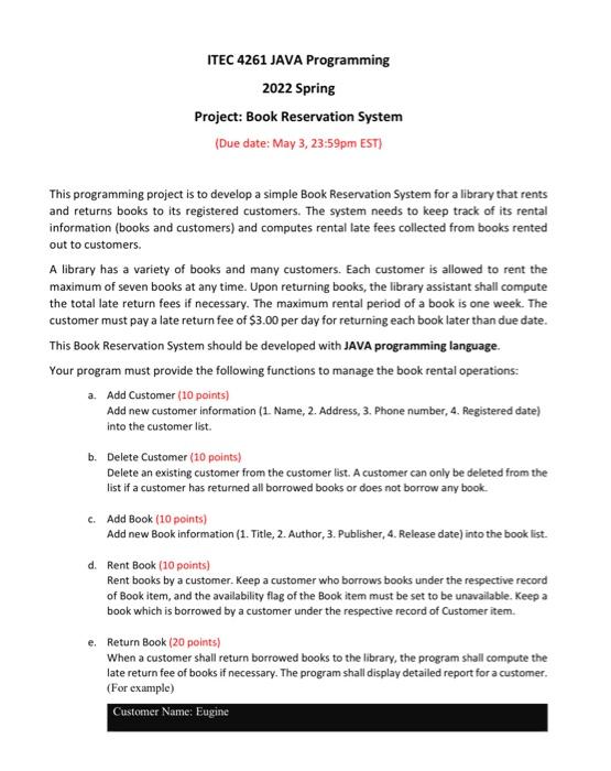 Solved ITEC 4261 JAVA Programming 2022 Spring Project: Book | Chegg.com