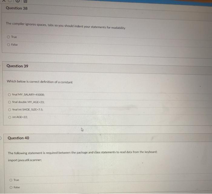 Solved Question 38 The compiler ignores spaces, tabs so you | Chegg.com Solved Question 38 The compiler ignores spaces, tabs so you | Chegg.com