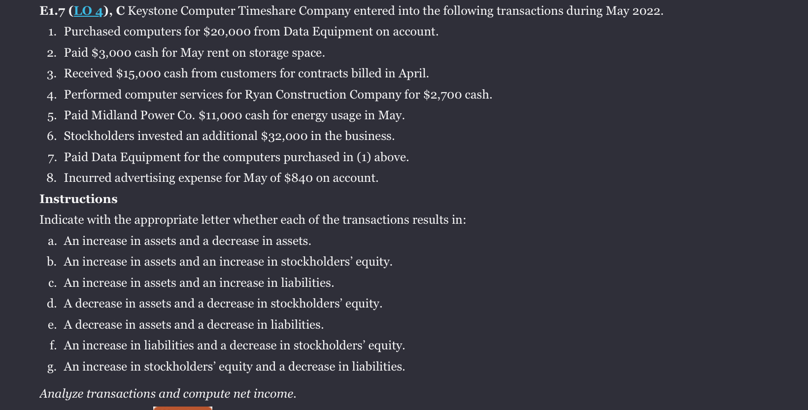 Solved E1.7 (LO 4), ﻿C Keystone Computer Timeshare Company | Chegg.com