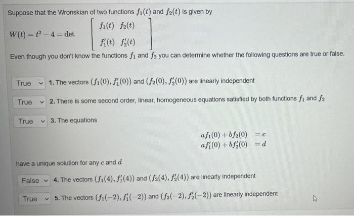 Solved Suppose that the Wronskian of two functions f1(t) and | Chegg.com