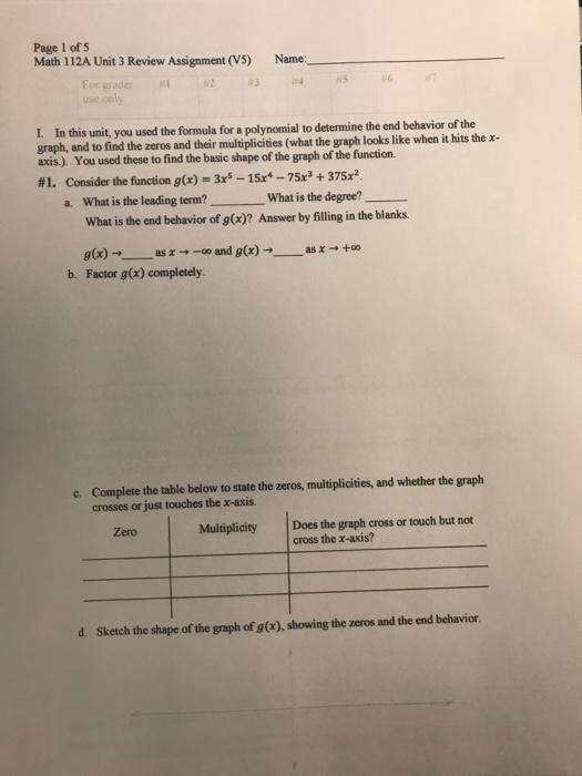 Solved Page 1 of 5 Math 112A Unit 3 Review Assignment (V5) | Chegg.com