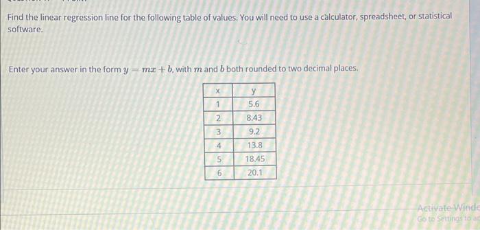 Solved Find the linear regression line for the following | Chegg.com
