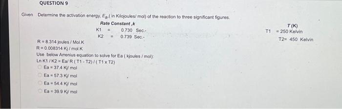 Solved QUESTION 9 Given Determine the activation energy, Ea, | Chegg.com