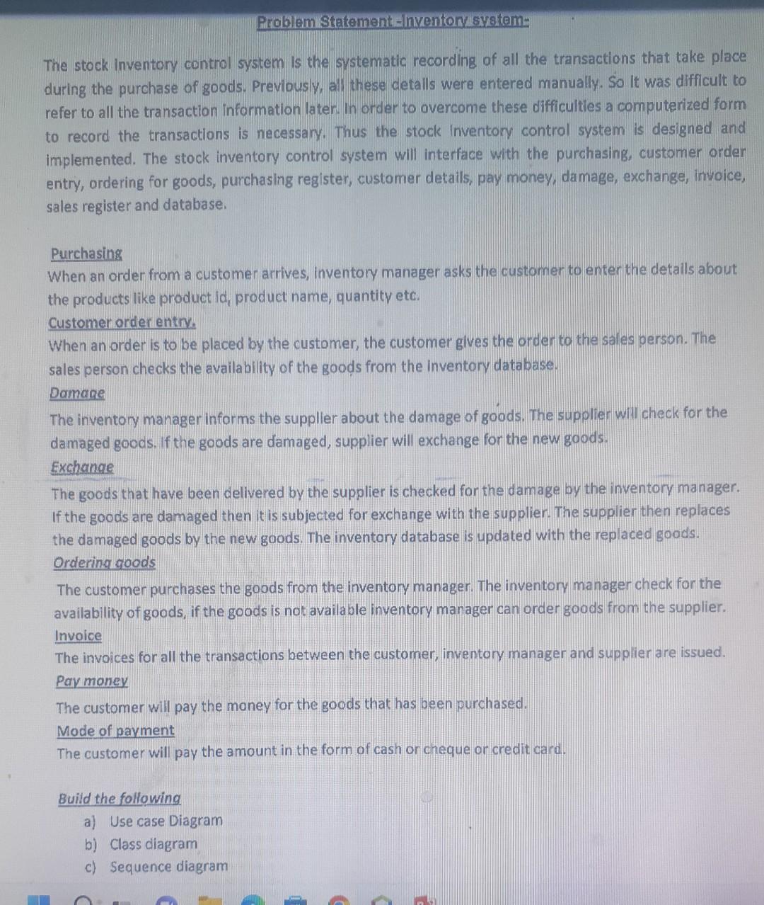 Solved Problem Statement-inventory system- The stock | Chegg.com