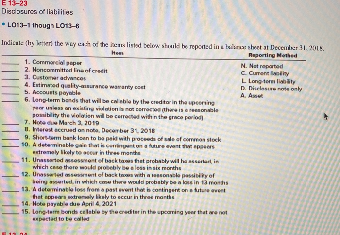 Solved E 13-23 Disclosures of liabilities • L013-1 though | Chegg.com
