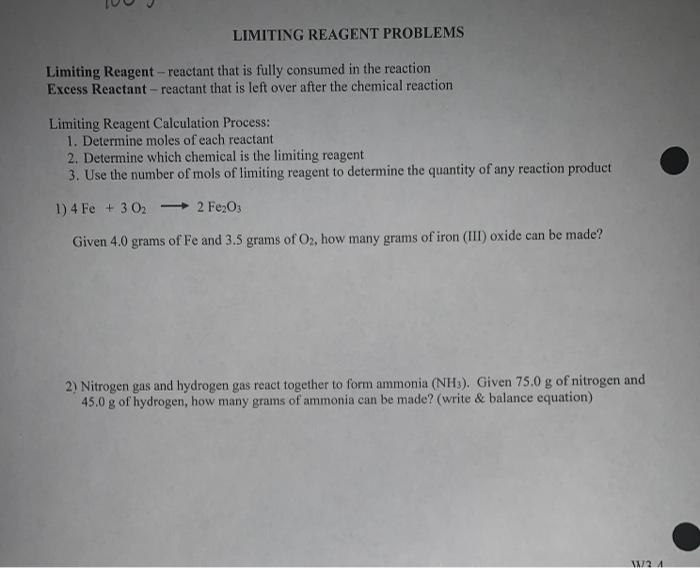 Solved LIMITING REAGENT PROBLEMS Limiting Reagent - reactant | Chegg.com