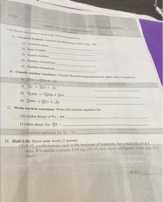 1) Chemical nanve: 2) Mass Number: 3) Atomic number: | Chegg.com