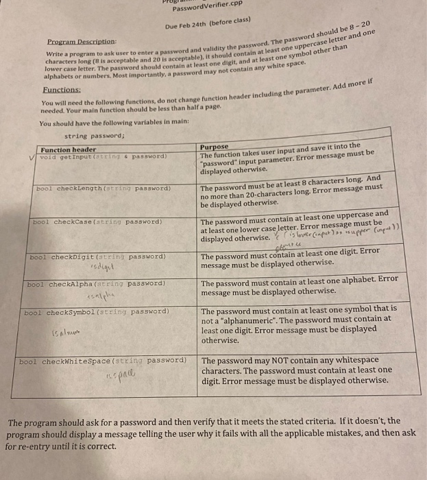 Solved Password Verifier.cpp Due Feb 24th (before class) | Chegg.com