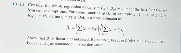 13 (i) Consider the simple regression model y = Bo + | Chegg.com