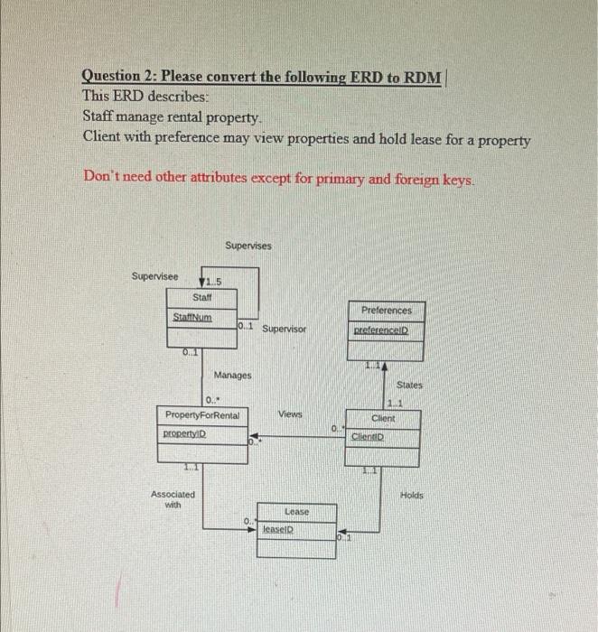 Solved Question 2: Please convert the following ERD to RDM | Chegg.com